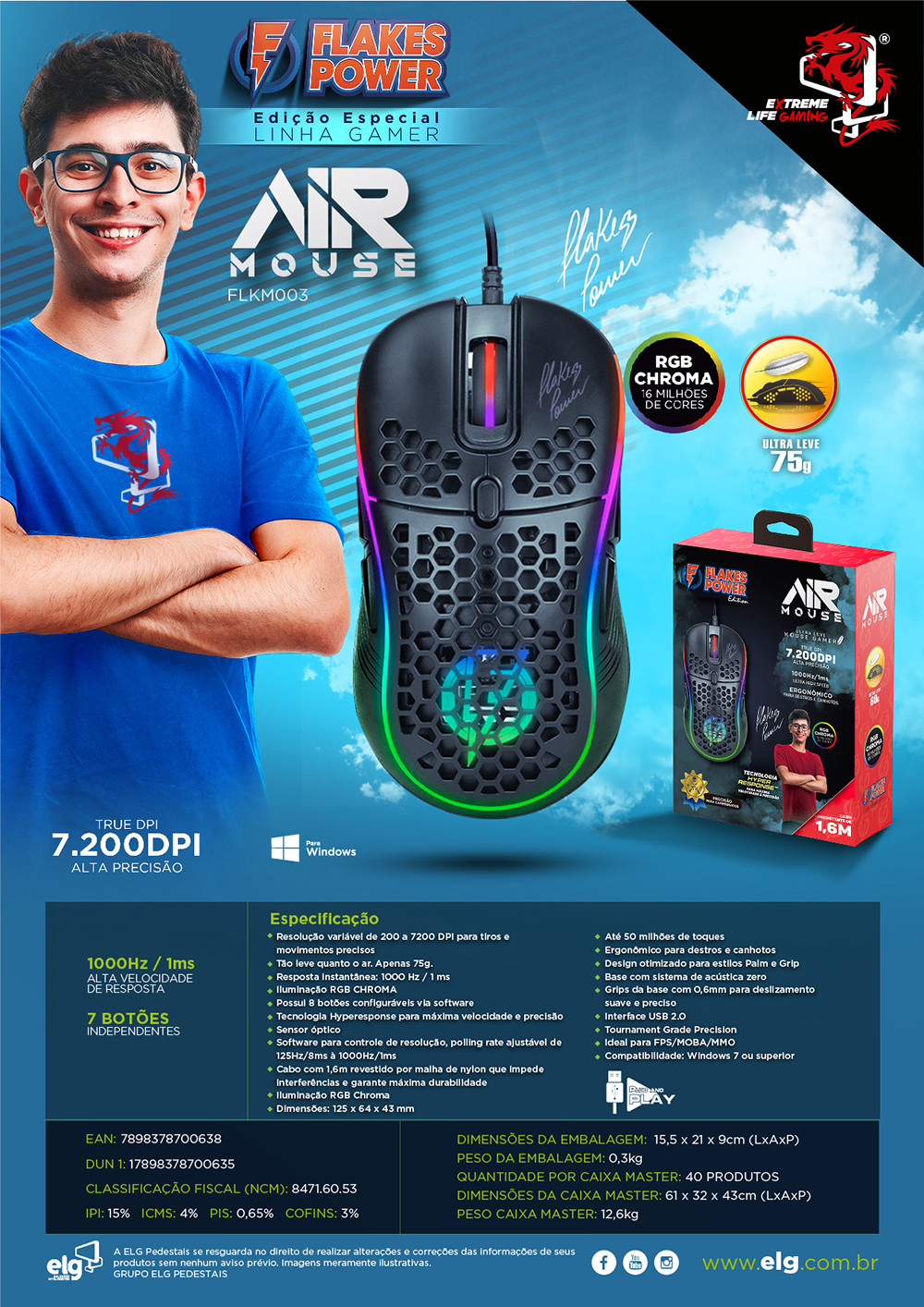 Gaming | Mouses | Mouse Gamer ELG Flakes Power Air 7.200 DPI - FLKM003